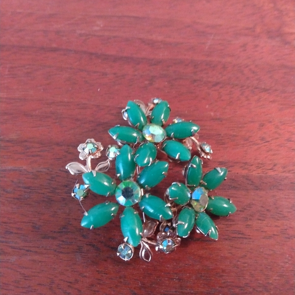 Jewelry | Vintage Green Floral With Rhinestones Pin | Poshmark